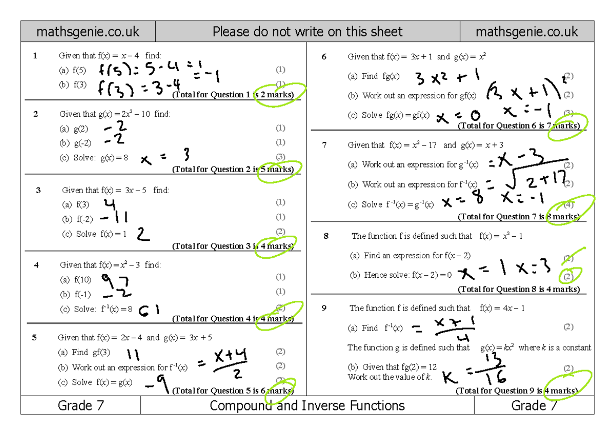 Grade 7 Functions Worksheet - MathsGenie.co.uk - Studocu