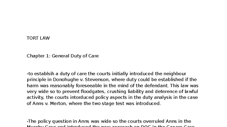 TORT LAW Notes: Duty of Care & Psychiatric Injury Overview - Studocu