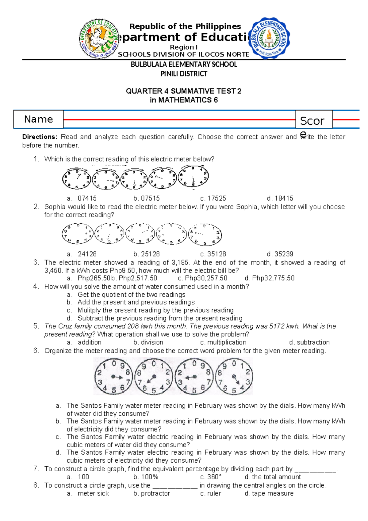 Math 6 Q4 - Summative Test 2 on Electric Meter Readings and Graphs ...
