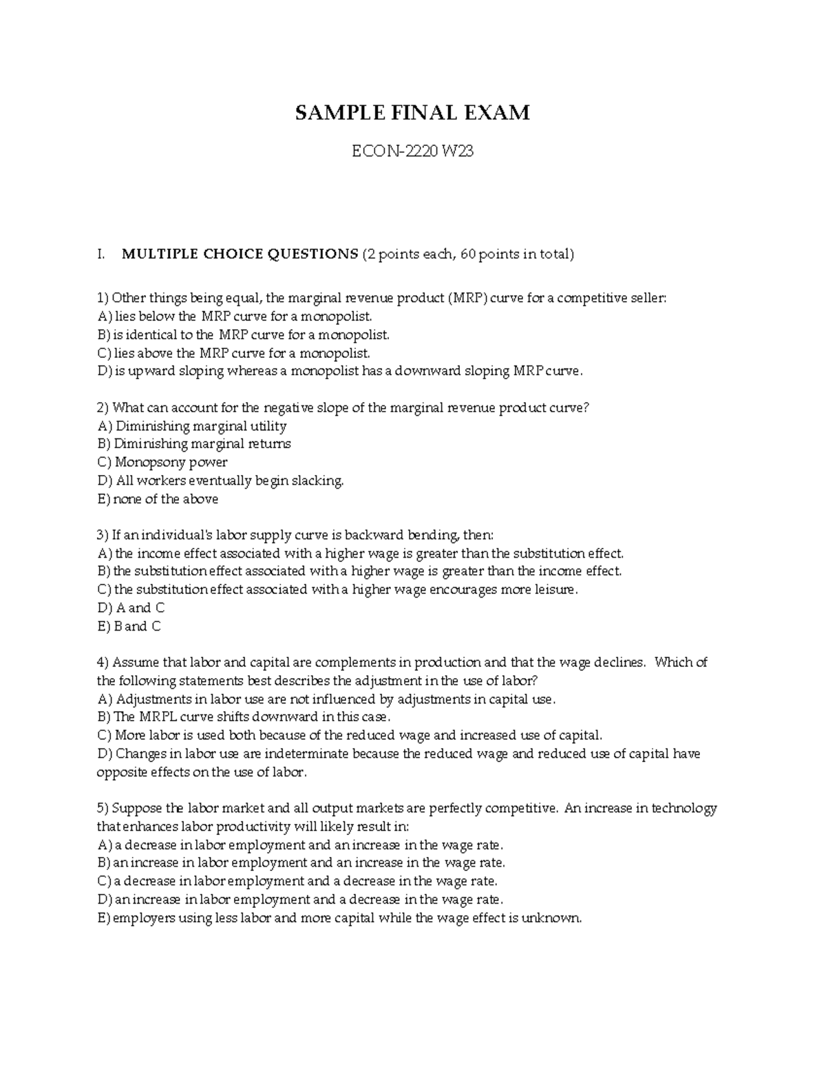 ECON2220-W23-Sample Final Exam with MCQs and Short Answers - Studocu