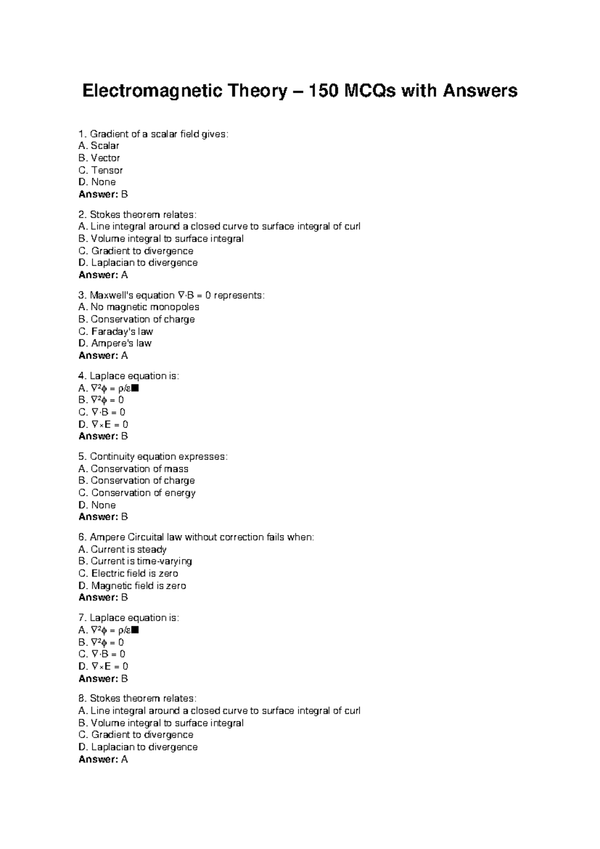 Electromagnetic Theory: 150 MCQs with Answers for Review - Studocu