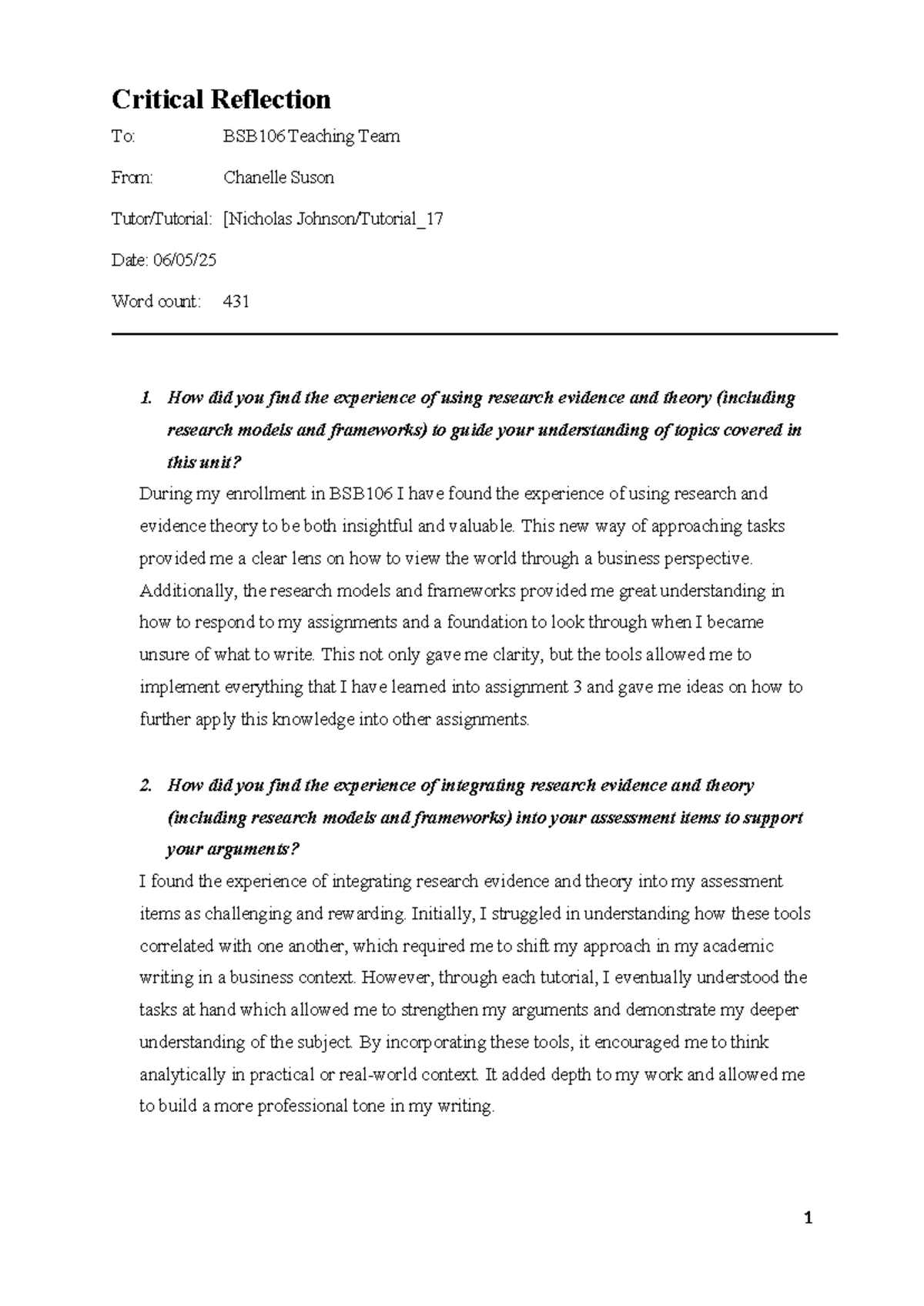 BSB106 Reflection on Research Evidence and Theory in Assessments - Studocu