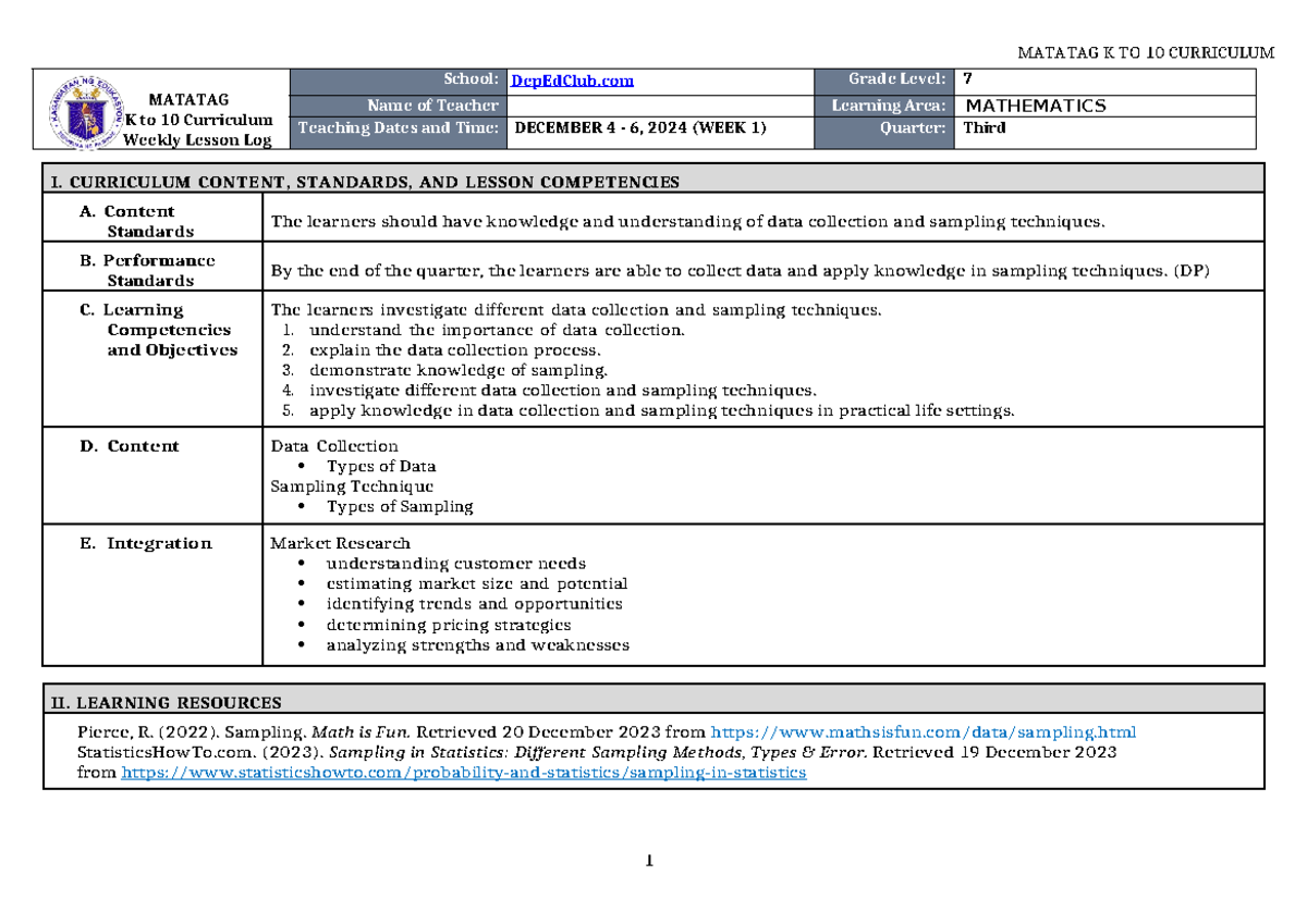 Matatag Mathematics 7 Lesson Log Q3 W1: Data Collection & Sampling ...