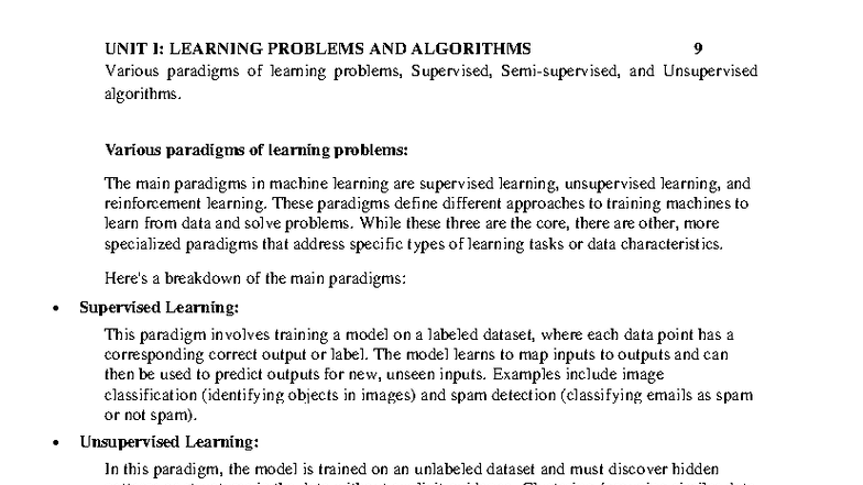 UNIT I: Machine Learning Basics and Learning Paradigms - Studocu