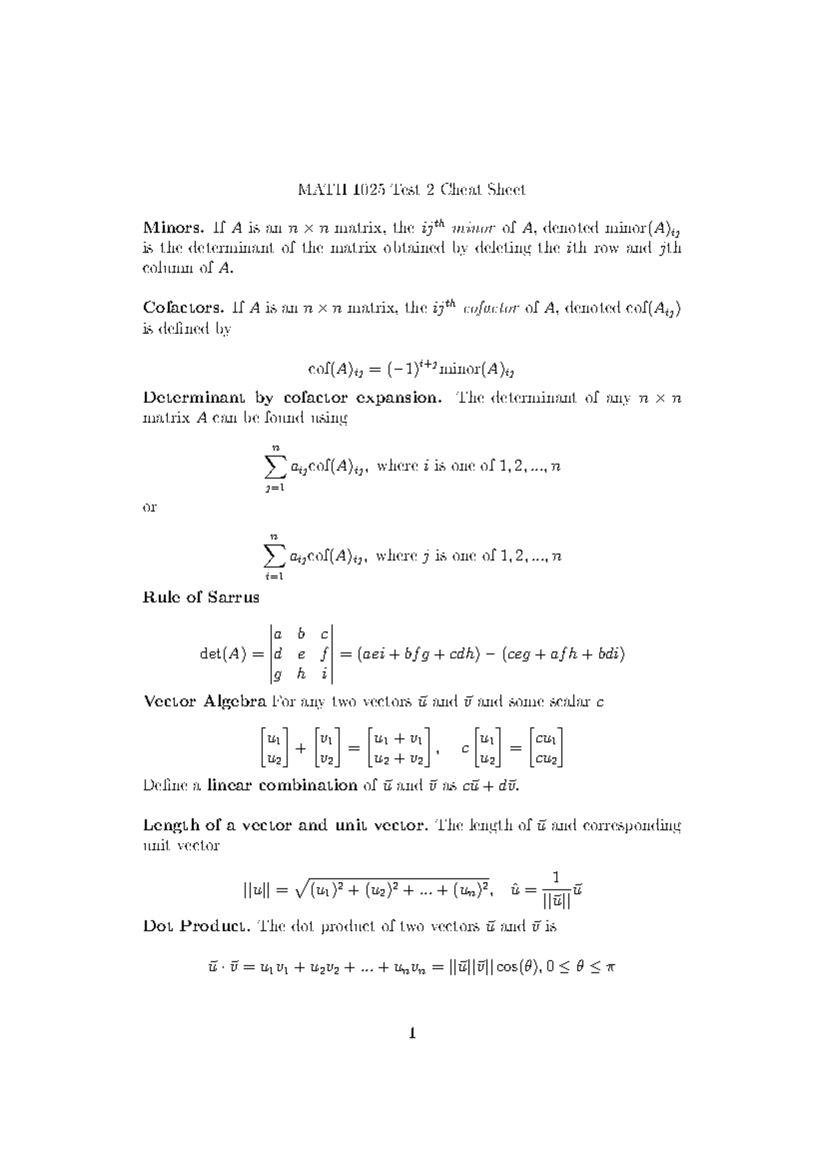 MATH 1025 Test 2 Cheat Sheet: Minors, Cofactors, and Vectors - Studocu
