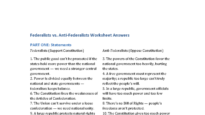 Federalists vs. Anti-Federalists: Key Arguments & Analysis - Studocu