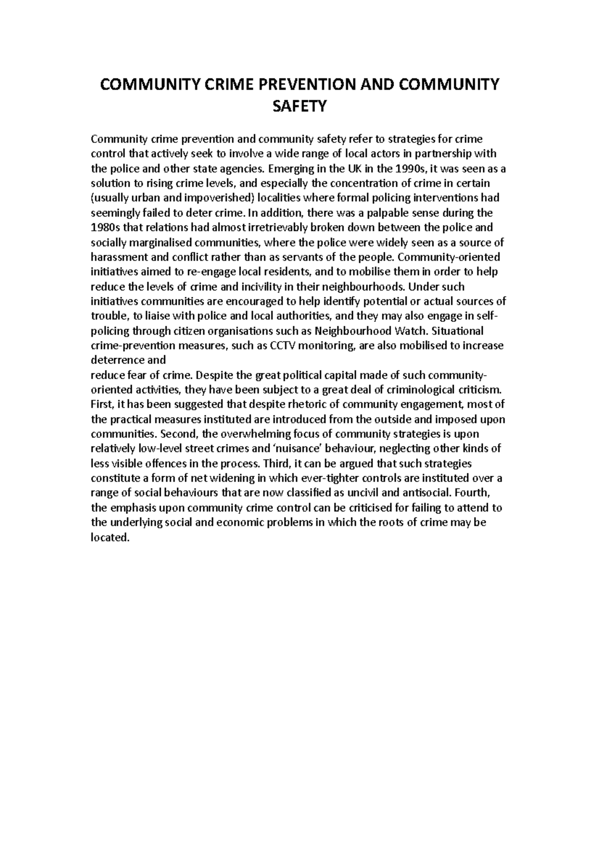 Community Crime Prevention and Safety: A Critical Overview - Studocu