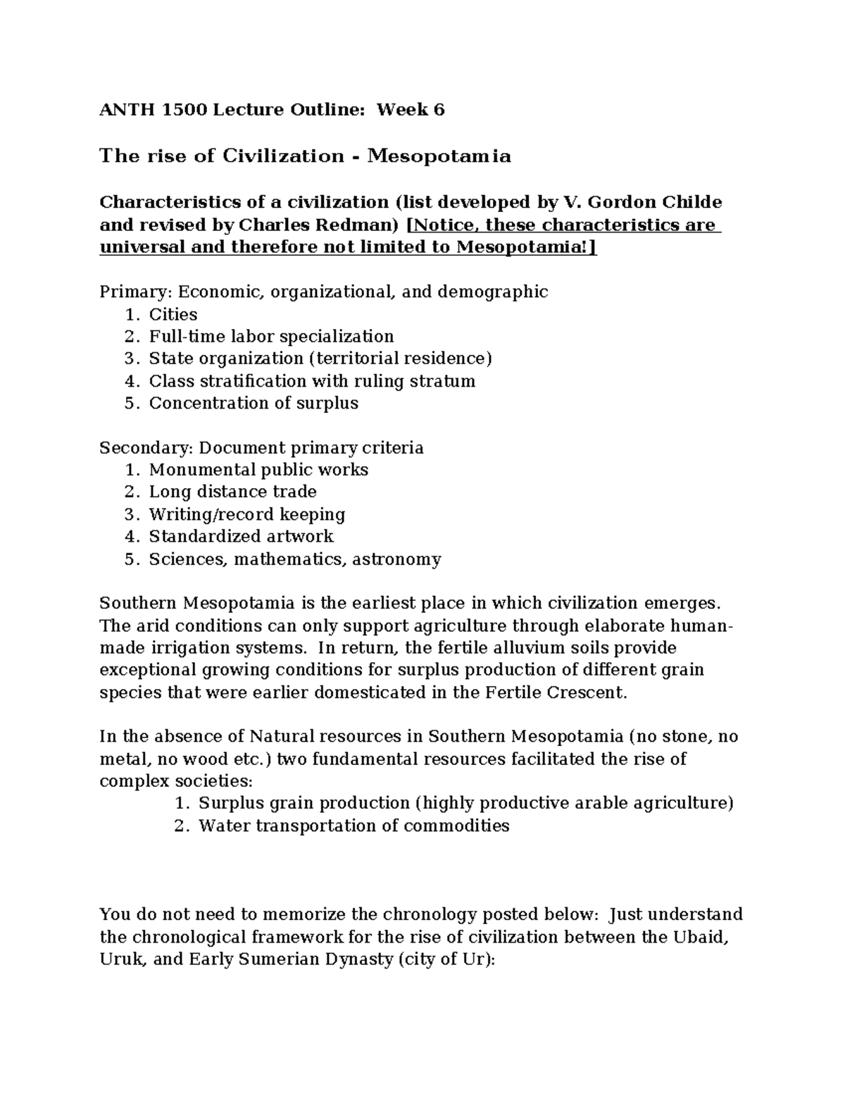 ANTH 1500 Lecture Outline: Week 6 - Rise of Civilization in Mesopotamia ...