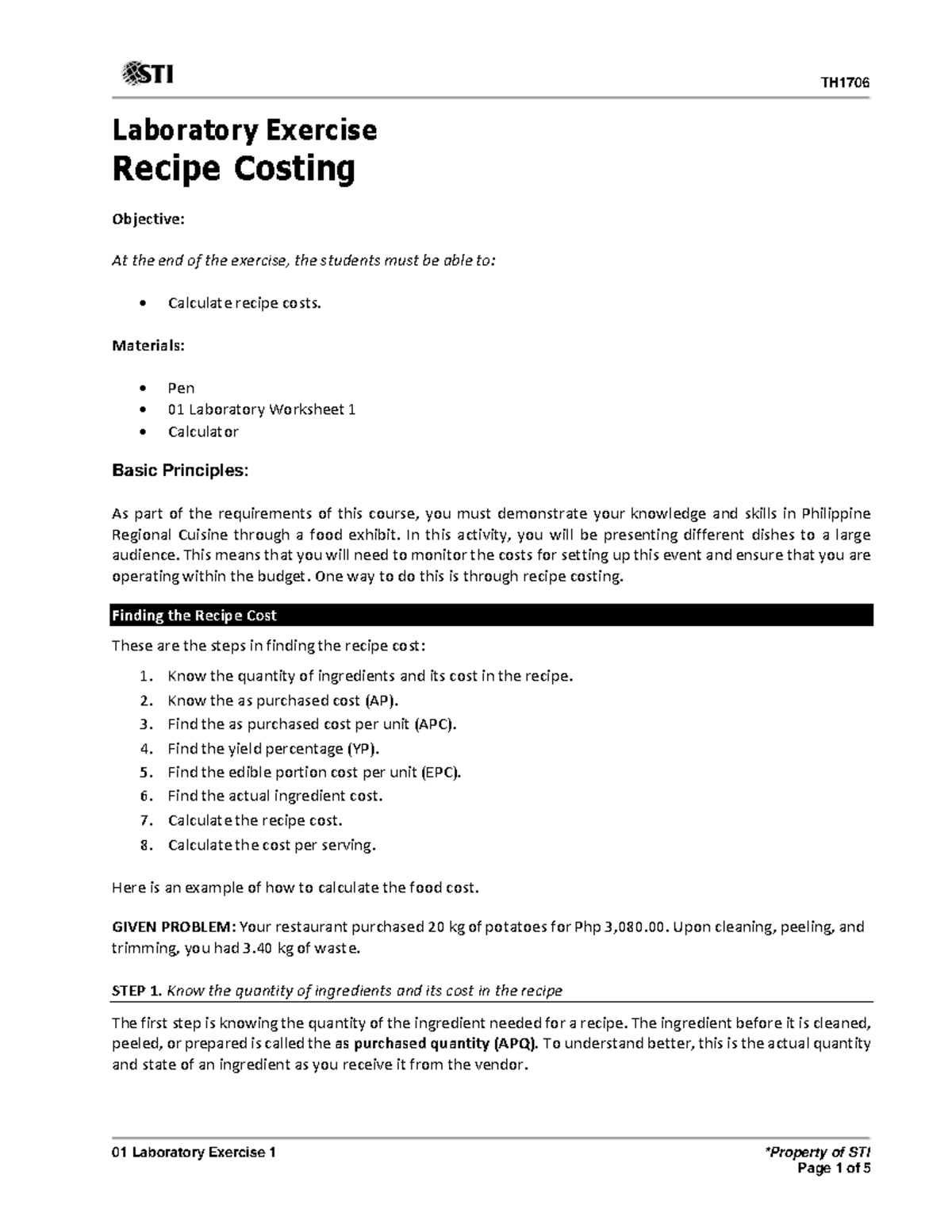 Philippine Regional Cuisines: Recipe Costing Lab Exercise 01 - BSHM2A ...