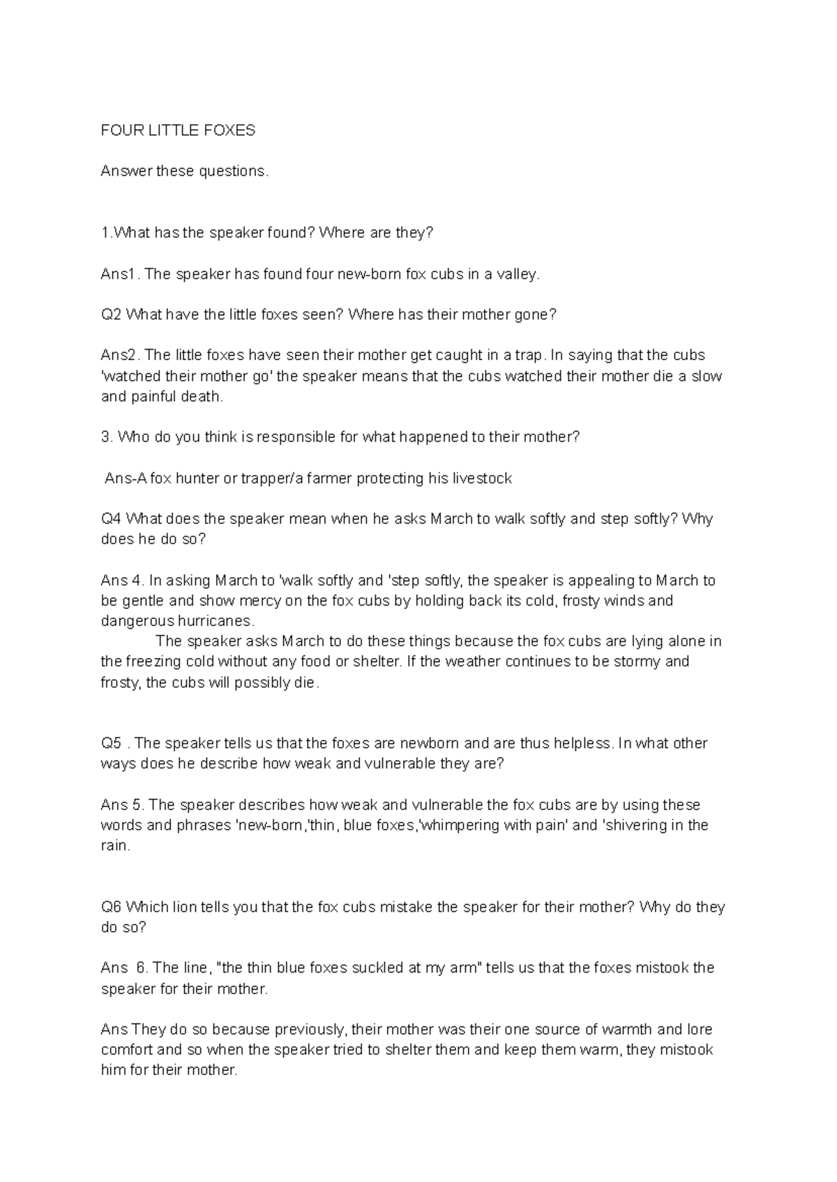 Four Little Foxes - Prose Analysis and Discussion Questions - Studocu