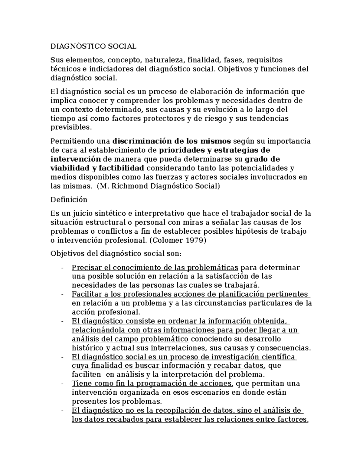 Diagnóstico Social: Conceptos, Elementos y Objetivos Clave - Studocu