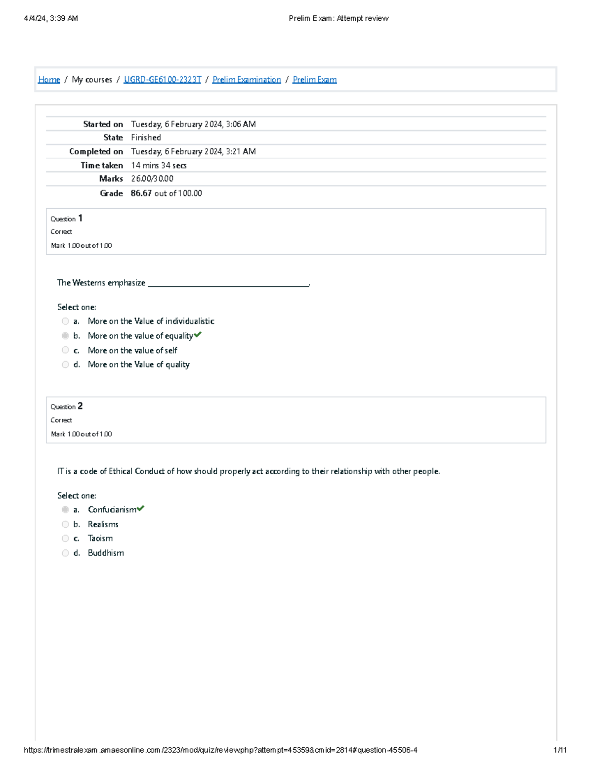 UGRD-GE6100-2323T Prelim Exam: Understanding the Self and Ethics - Studocu