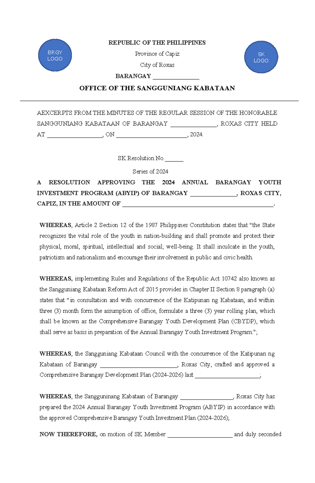 RESO-ABYIP 2024: Annual Barangay Youth Investment Program Document ...