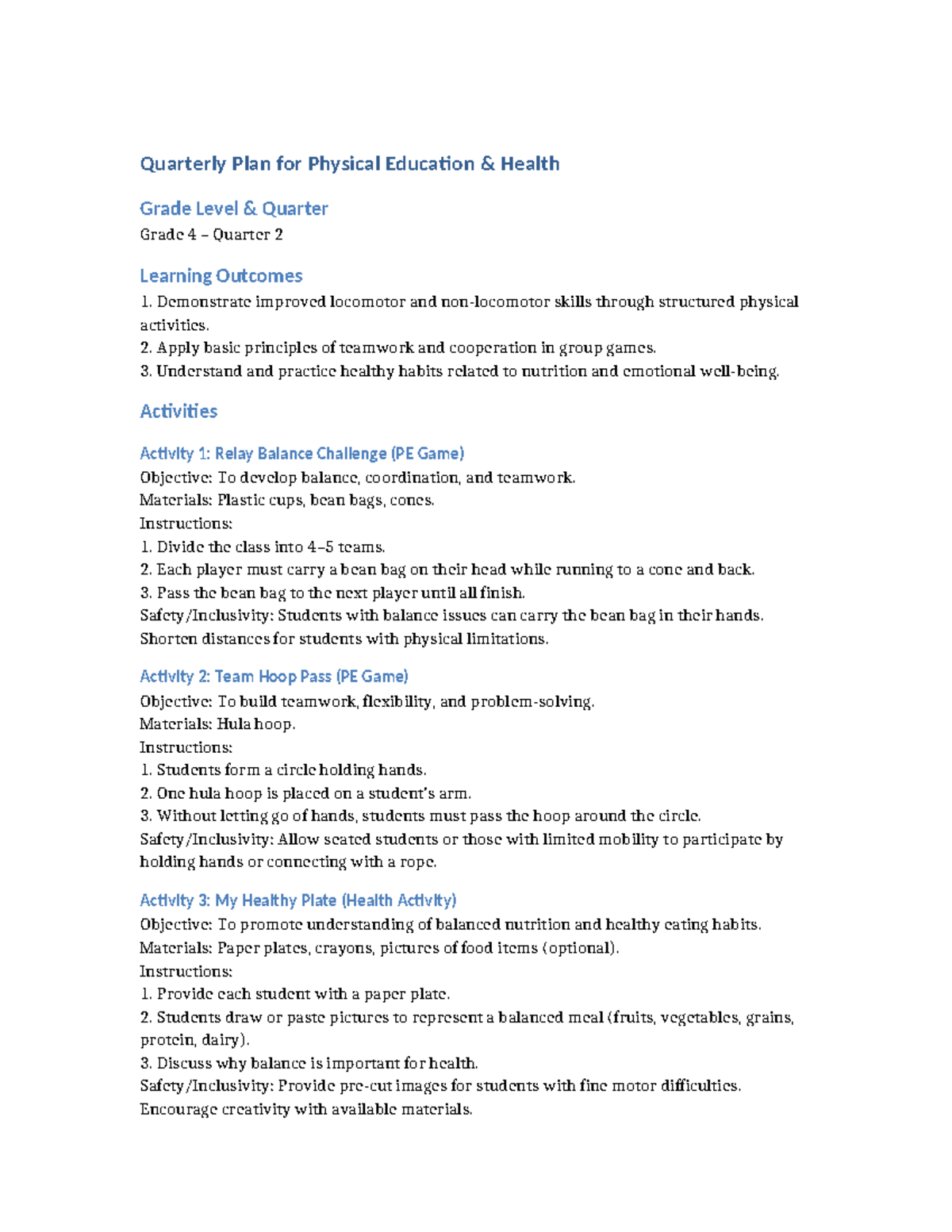 PE Health Quarterly Plan: Grade 4, Quarter 2 Activities & Outcomes ...