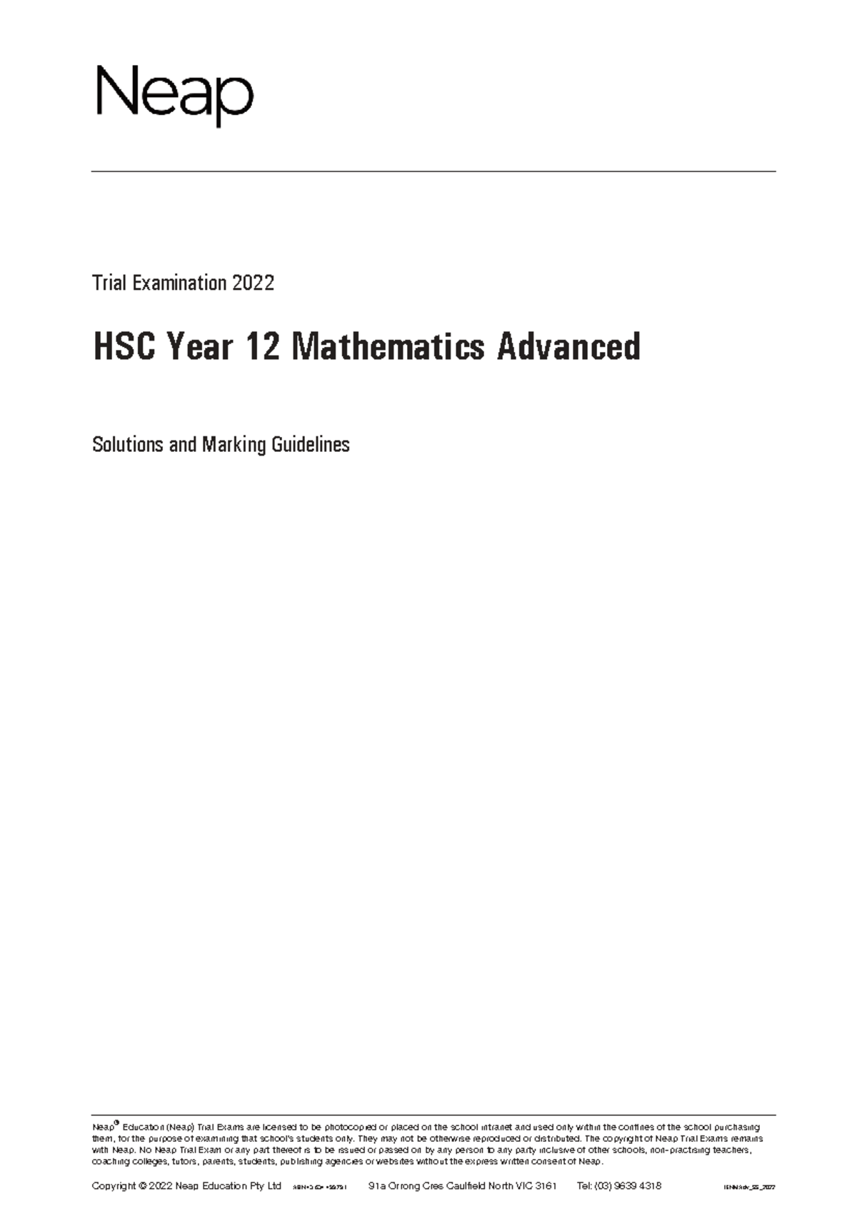 HSC Year 12 Mathematics Advanced Trial Exam Solutions 2022 TENMAdv_SS ...