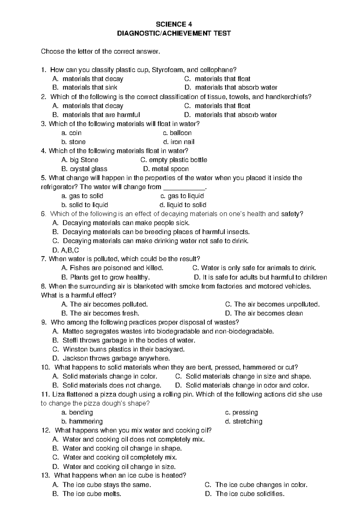 Diagnostic Achievement Test - Science 4: Comprehensive Coverage - Studocu