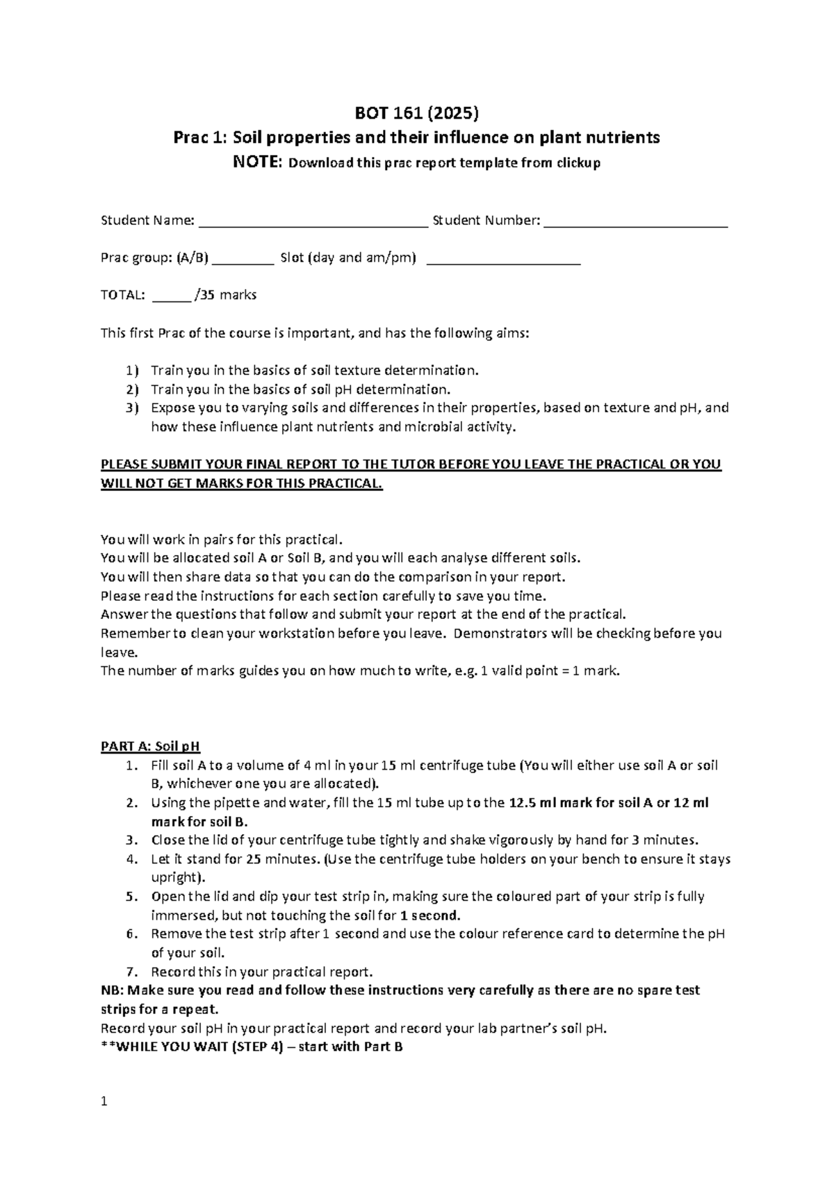 BOT 161 (2025) Prac 1: Analyzing Soil Texture and pH Effects on ...