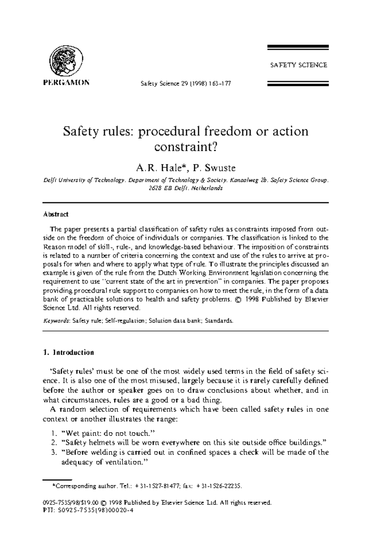 Safety Rules: Procedural Freedom vs. Action Constraint in Safety ...