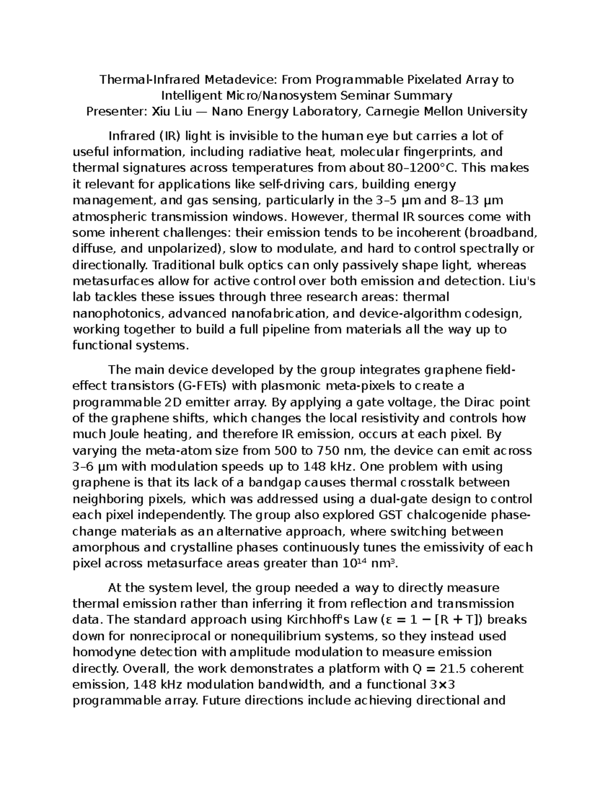 Thermal-Infrared Metadevice Seminar Summary (Course Code: NANO) - Studocu
