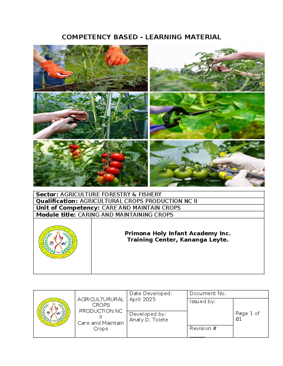 Caring and Maintaining Crops: CBLM for Agricultural Crops Production NC ...