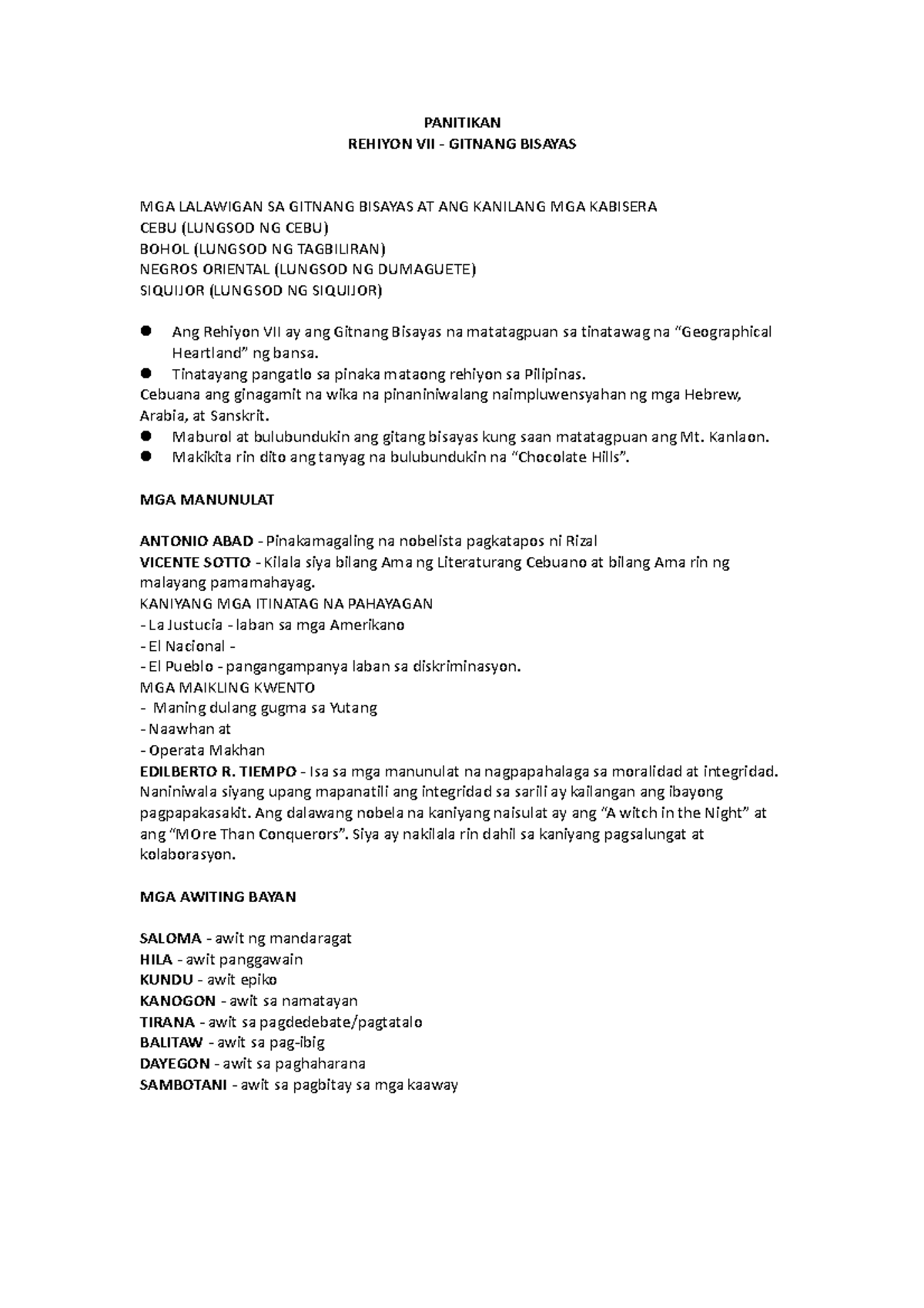 Panitikan ng Rehiyon VII: Gitnang Bisayas at mga Manunulat - Studocu