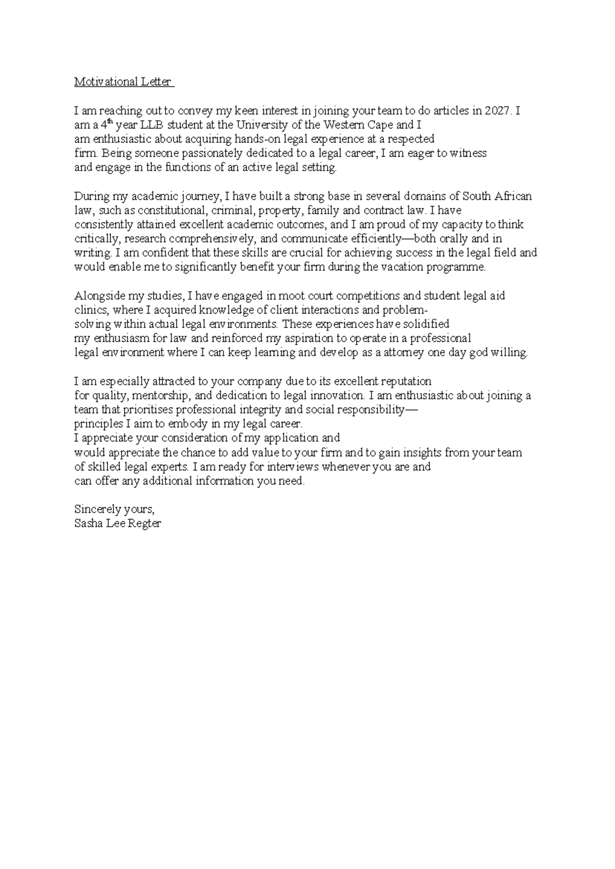 Motivational Letter for Legal Internship - LLB 4th Year - Studocu