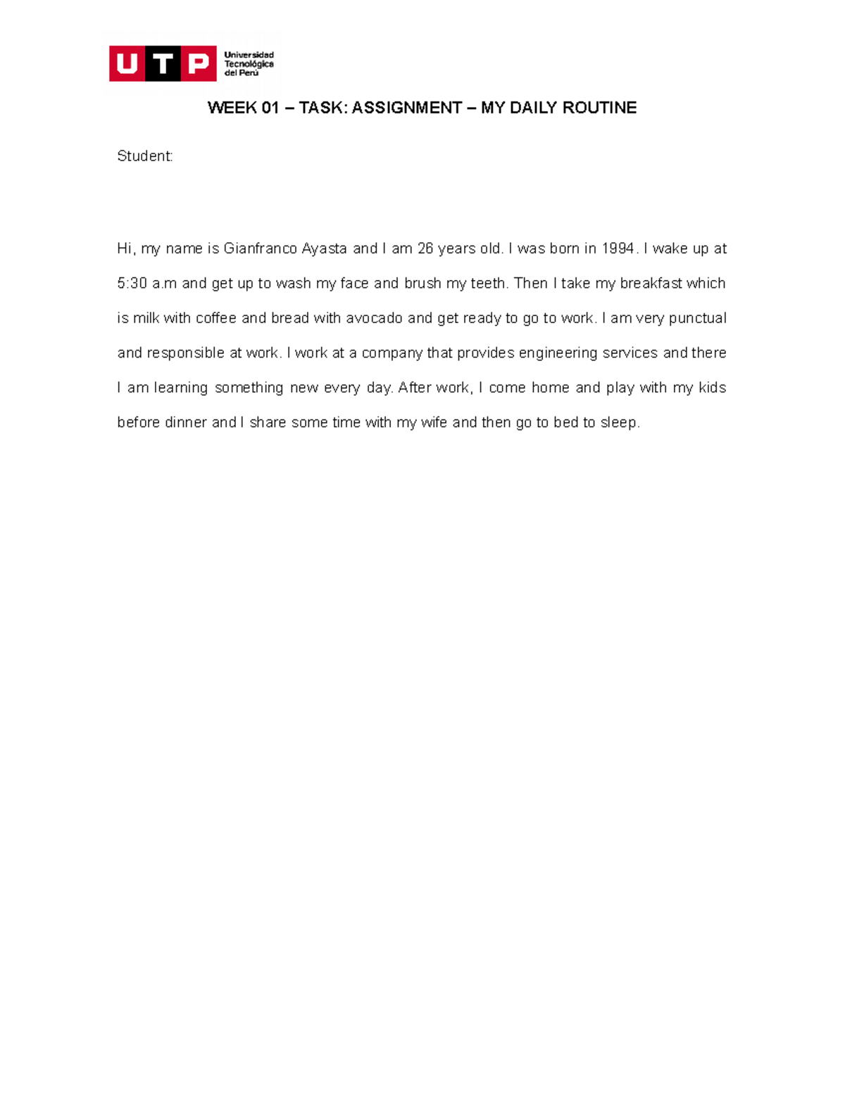 WEEK 01 – TASK Assignment – MY Daily Routine - WEEK 01 – TASK ...
