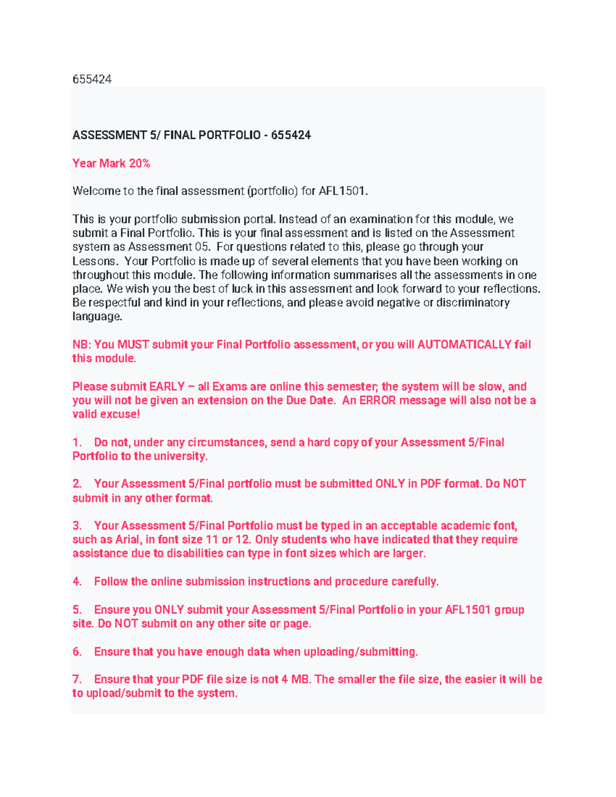 AFL1501 Final Portfolio Submission Guidelines and Assessment Overview ...