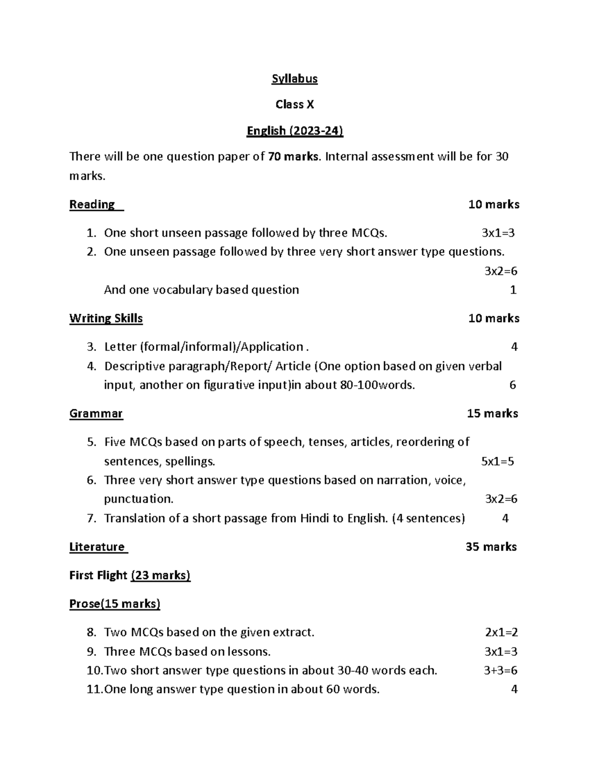 Class 10 English Syllabus for 2023-24: Assessment Breakdown - Studocu