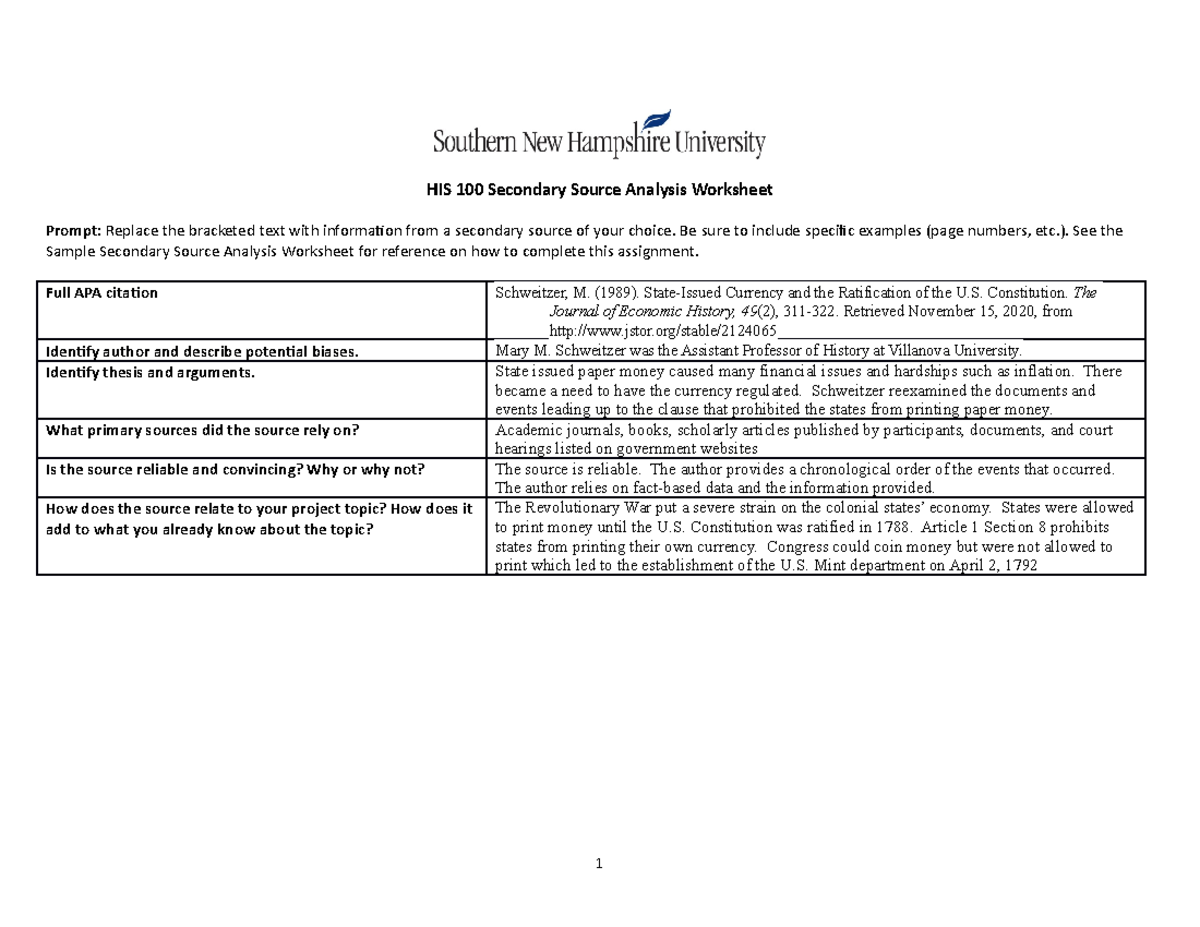 HIS 100 Secondary Source Analysis Worksheet - HIS 100 Secondary Source ...