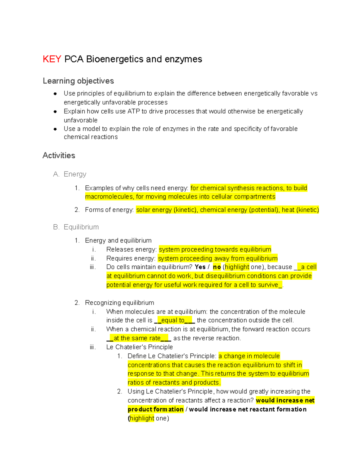 BIO 101: Key Concepts in Bioenergetics, Enzymes & Equilibrium - KEY PCA ...