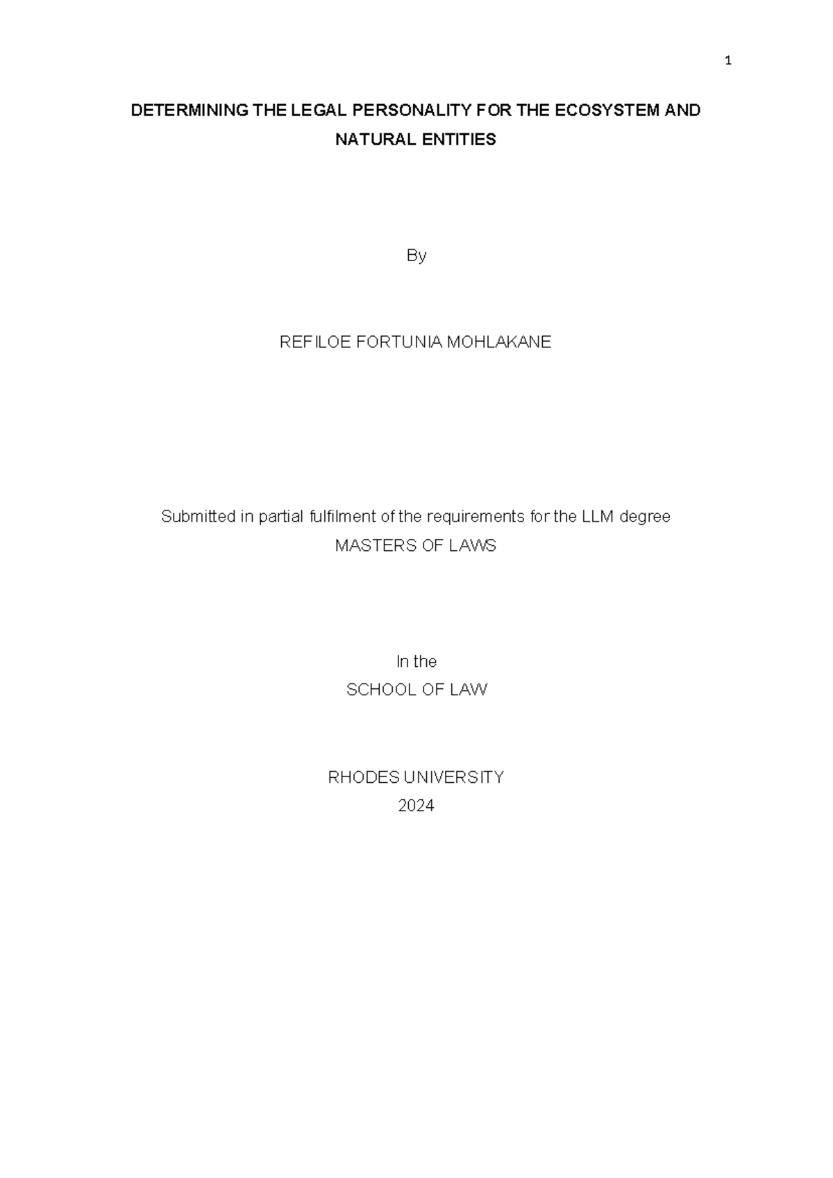 LLM Thesis: Legal Personality of Ecosystems and Natural Entities - Studocu