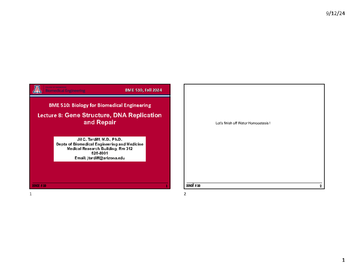 BME 510 Lecture 8: Gene Structure, DNA Replication & Repair - BME 510 1 ...