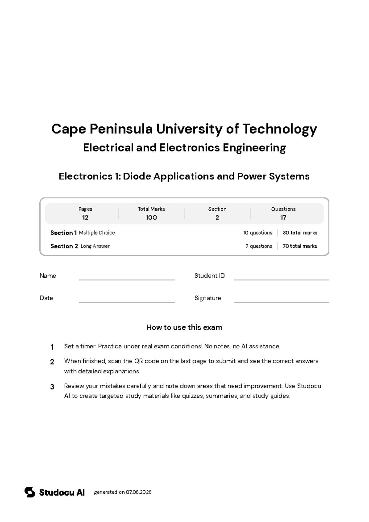 Electronics 1: Final Exam on Diode Applications - Studocu
