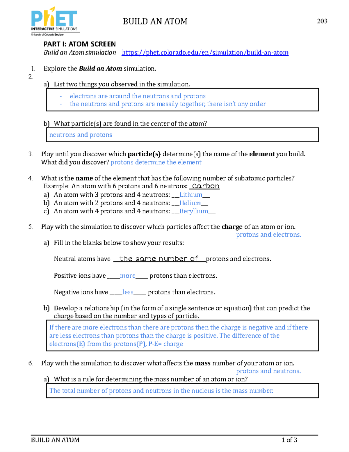 PhET Build an Atom - BUILD AN ATOM PART I: ATOM SCREEN Build an Atom ...