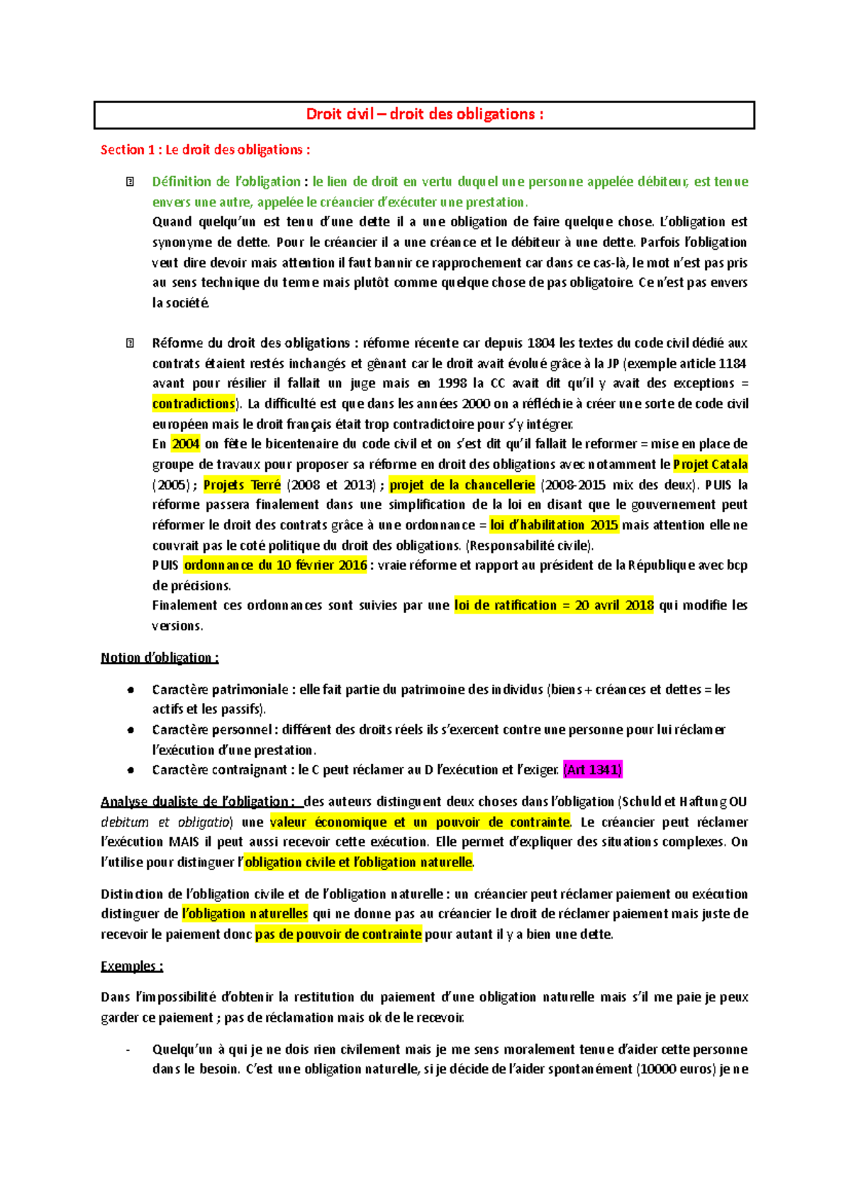 Cours de Droit Civil des Obligations - Section 1 : Définition et ...