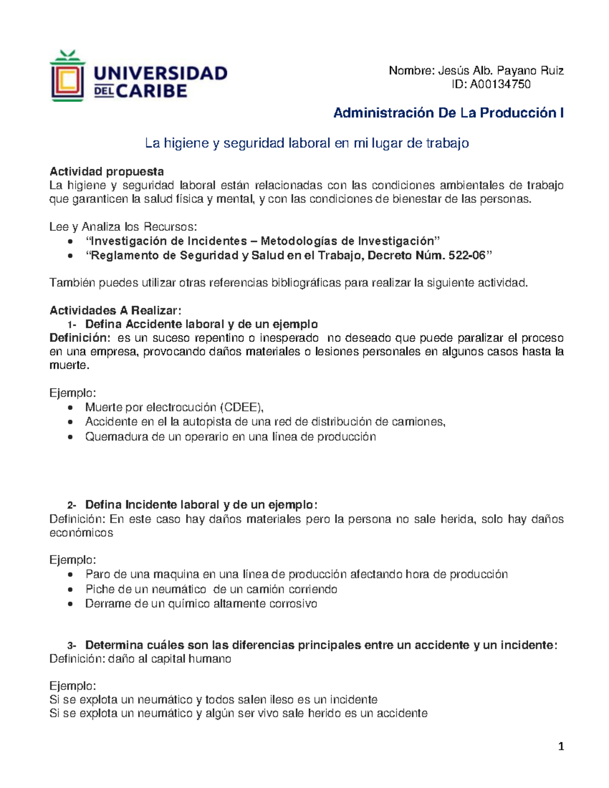 Payano Jesus seguridad Ocupacional - 1 Nombre: Jesús Alb. Payano Ruiz ...