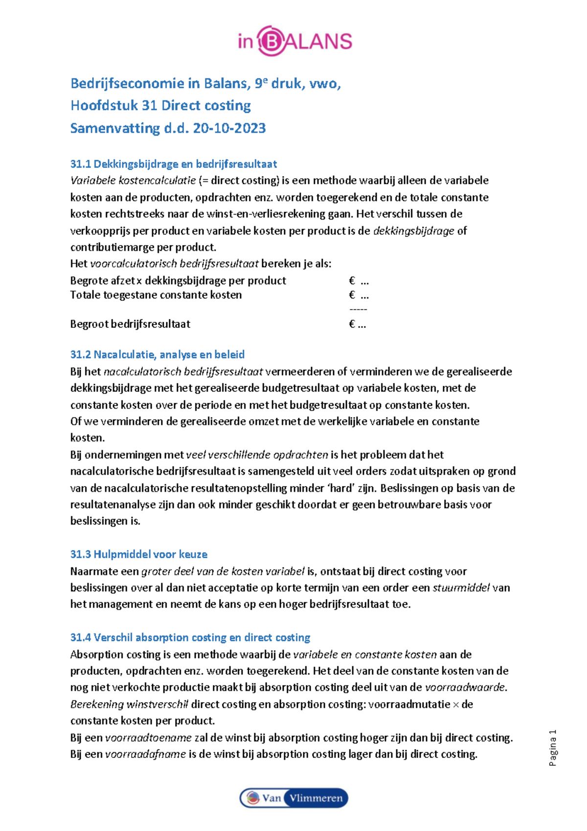 Bedrijfseconomie in Balans 9e druk VWO Hoofdstuk 31 Samenvatting Direct ...