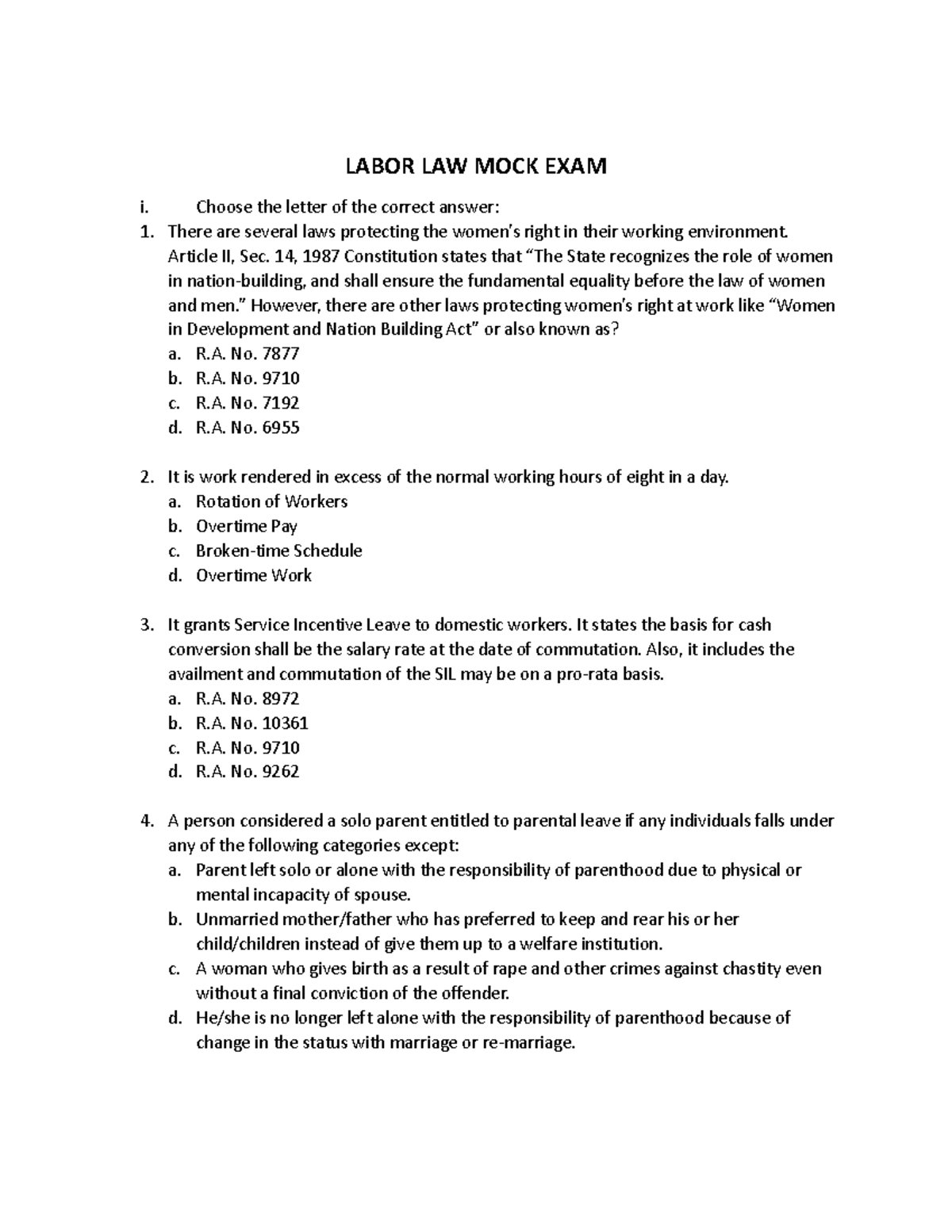 CHRA Mock Exam on Labor Law: Key Concepts and Questions - Studocu