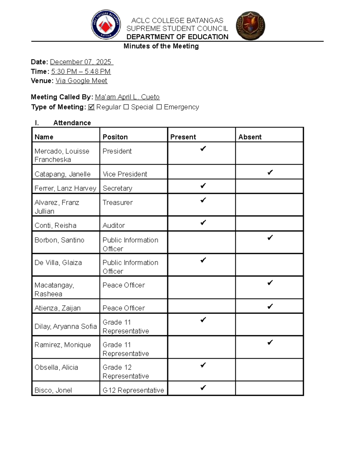 SSG Minutes - December 09, 2025 Meeting Summary - Studocu