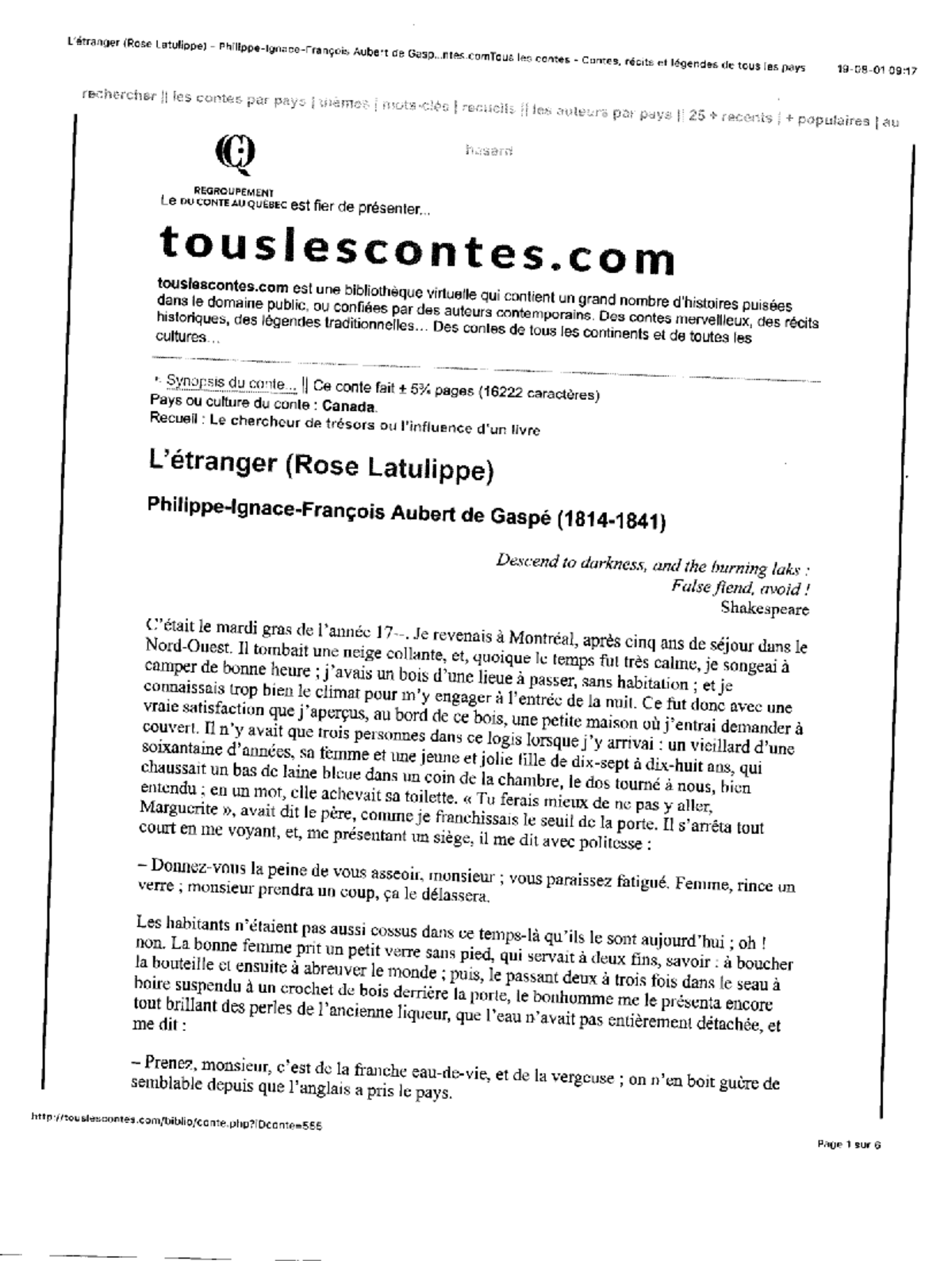 Contes et Légendes du Canada : Rose Latulippe (Aubert de Gaspé) - Studocu