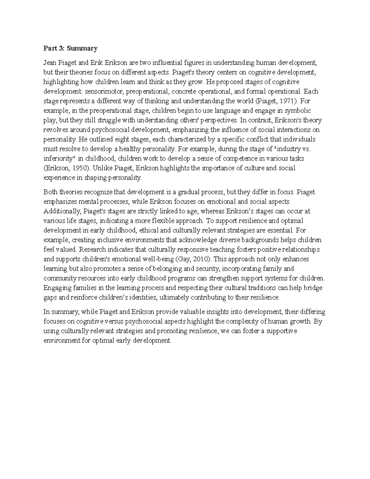 Part 3: Summary of Piaget & Erikson's Theories - Class Assignment - Studocu