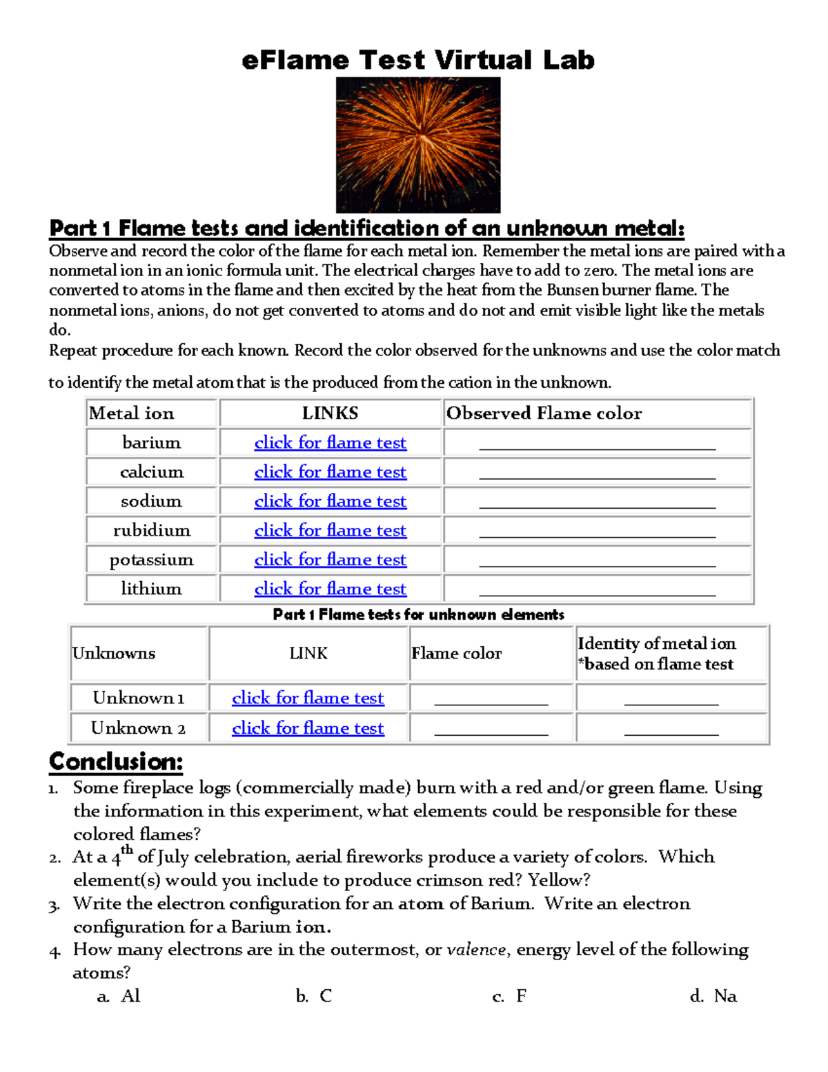 Flame Test Lab Part 1 Identifying Unknown Metal Ions Studocu