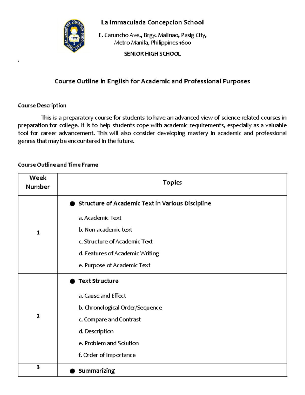 SENIOR HIGH SCHOOL Course Outline: English for Academic & Prof ...