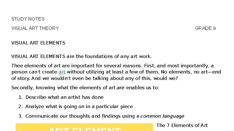 Grade 9 Visual Art Theory Study Notes: Elements & Techniques - Studocu