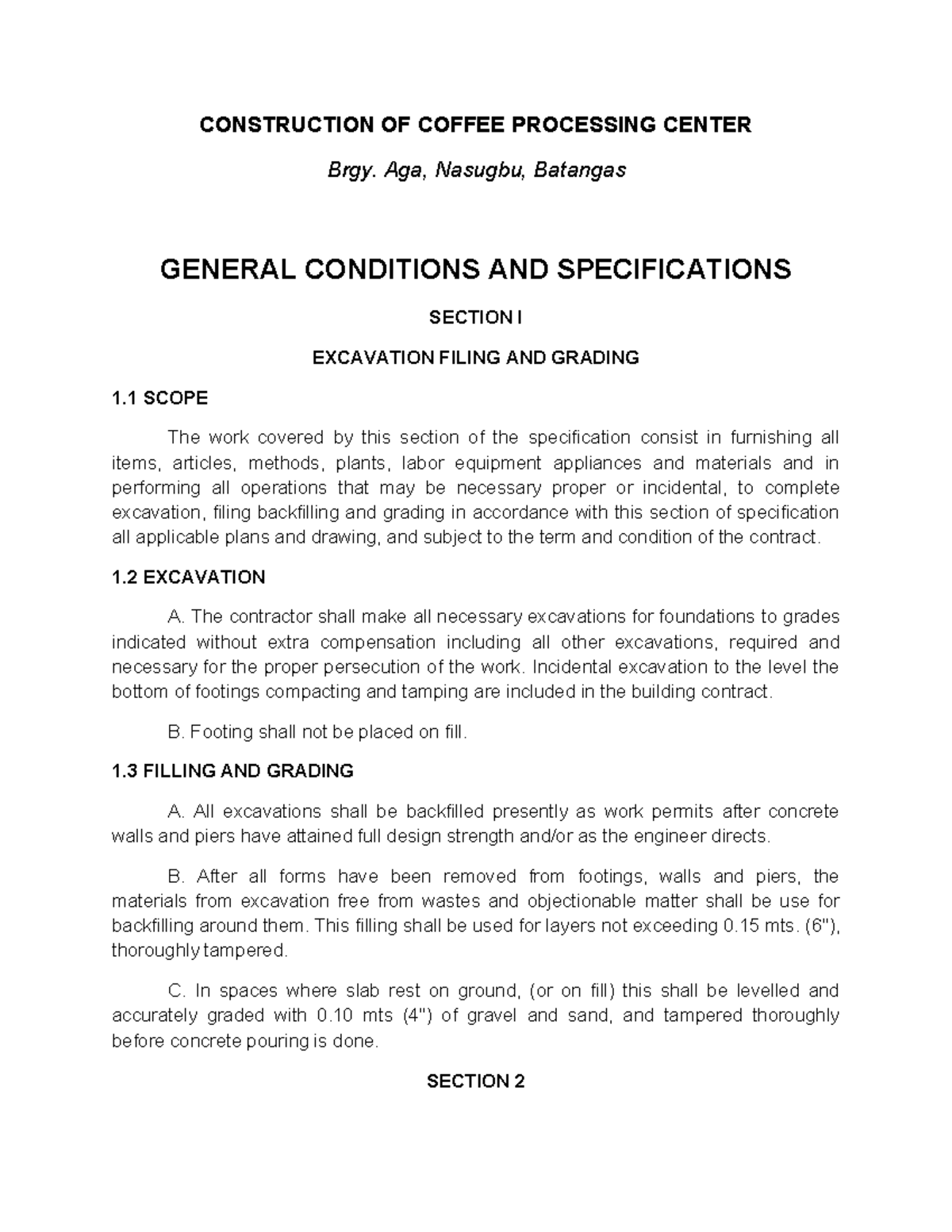 Technical Specifications for Coffee Processing Center Construction ...