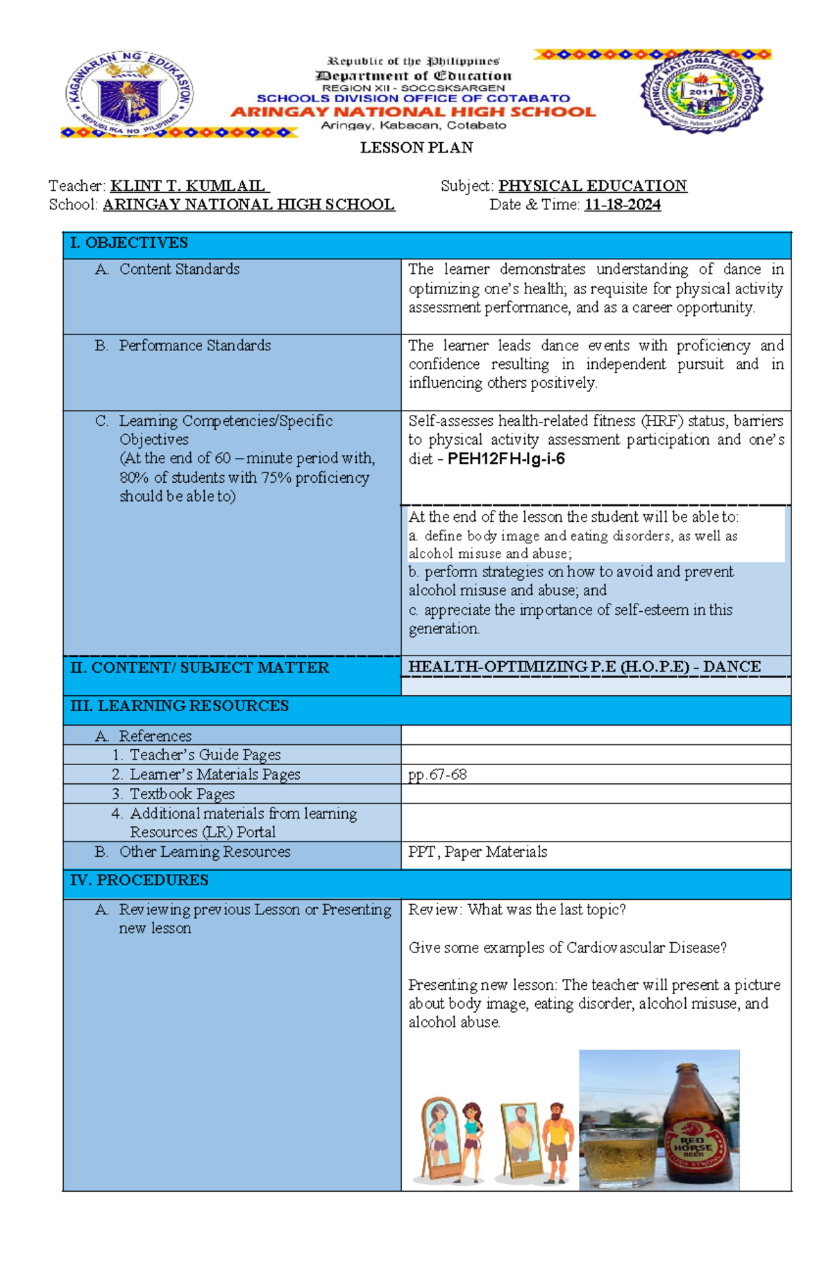 PE Final Lesson Plan: Health, Body Image, and Alcohol Misuse - Studocu