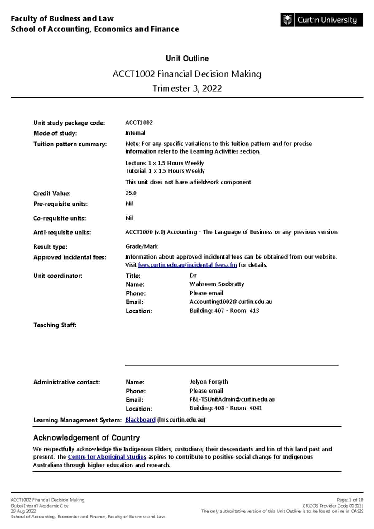 ACCT1002 Financial Decision Making Unit Outline and Assessment Schedule ...