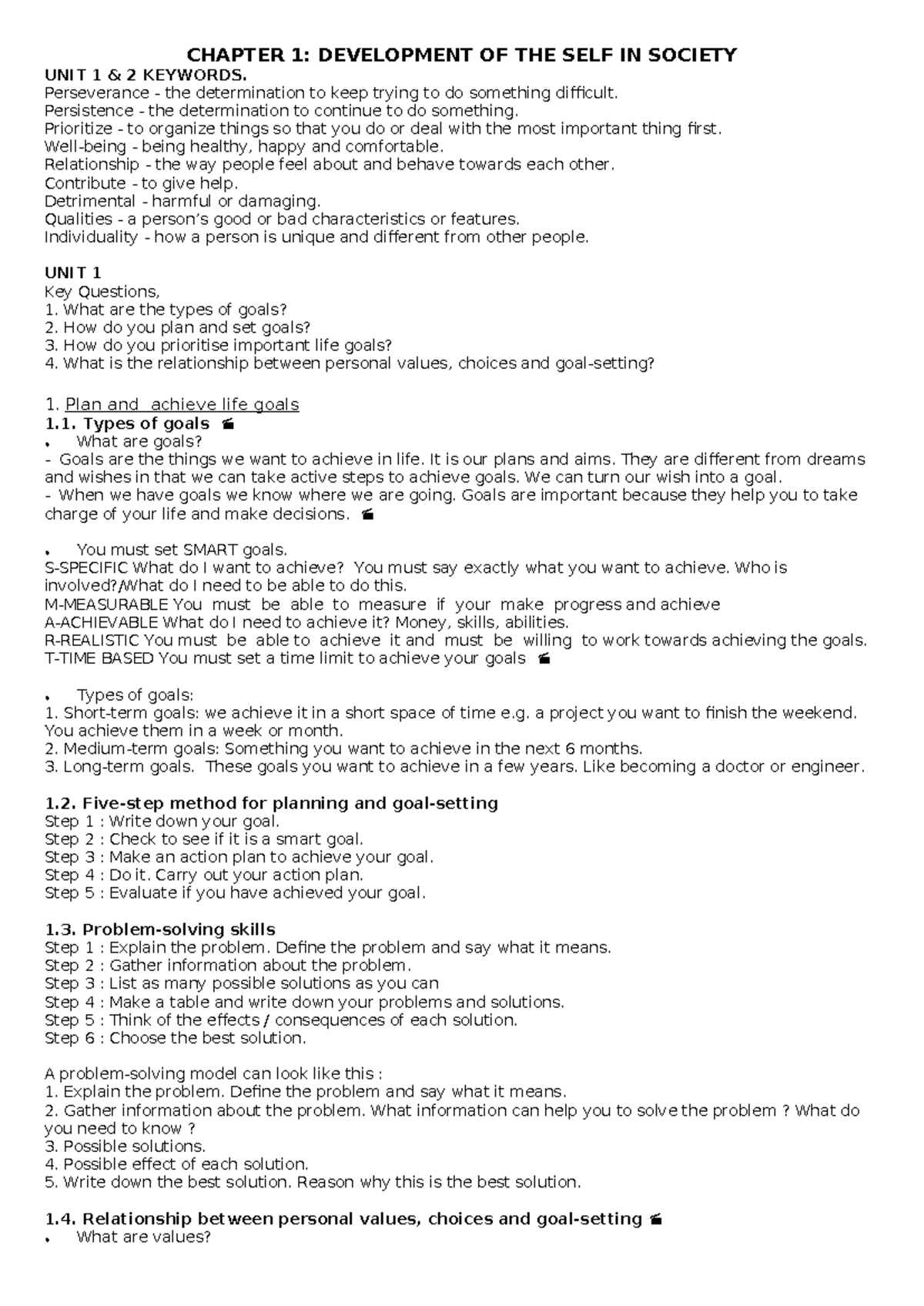 CHAPTER 1: DEVELOPMENT OF THE SELF IN SOCIETY - UNIT 1 KEYWORDS & GOALS ...