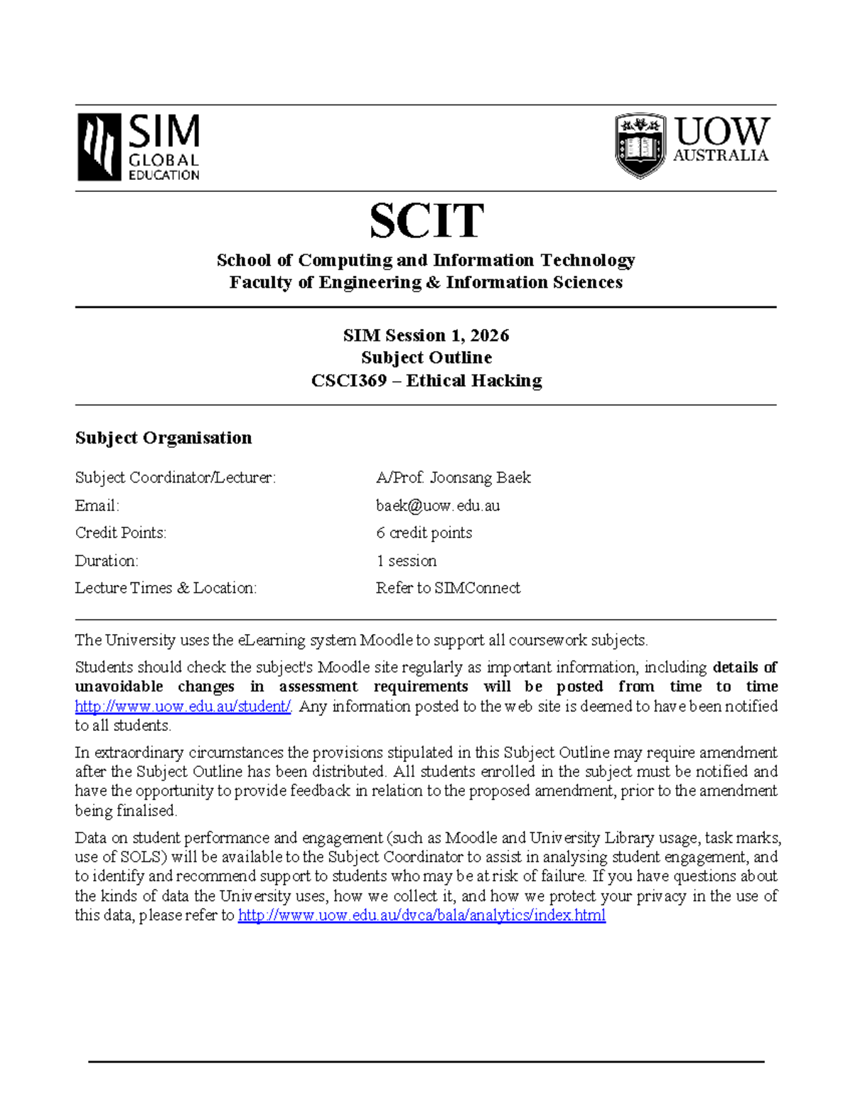 Subject Outline CSCI369: Ethical Hacking - Session 1, 2026 - Studocu